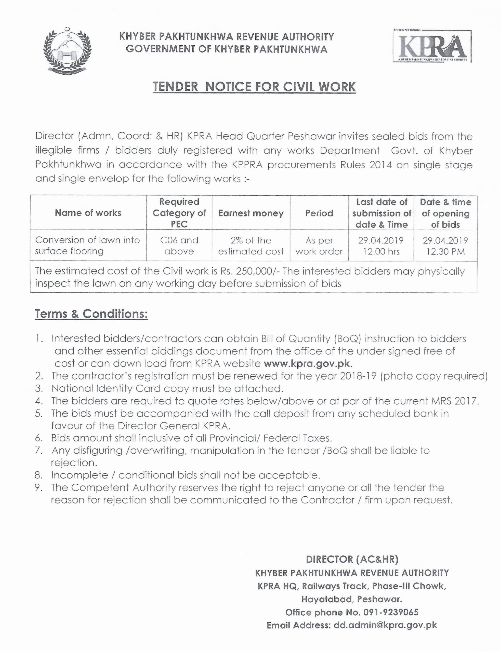Tender Notice for Civil Work – Khyber Pakhtunkhwa Revenue Authority
