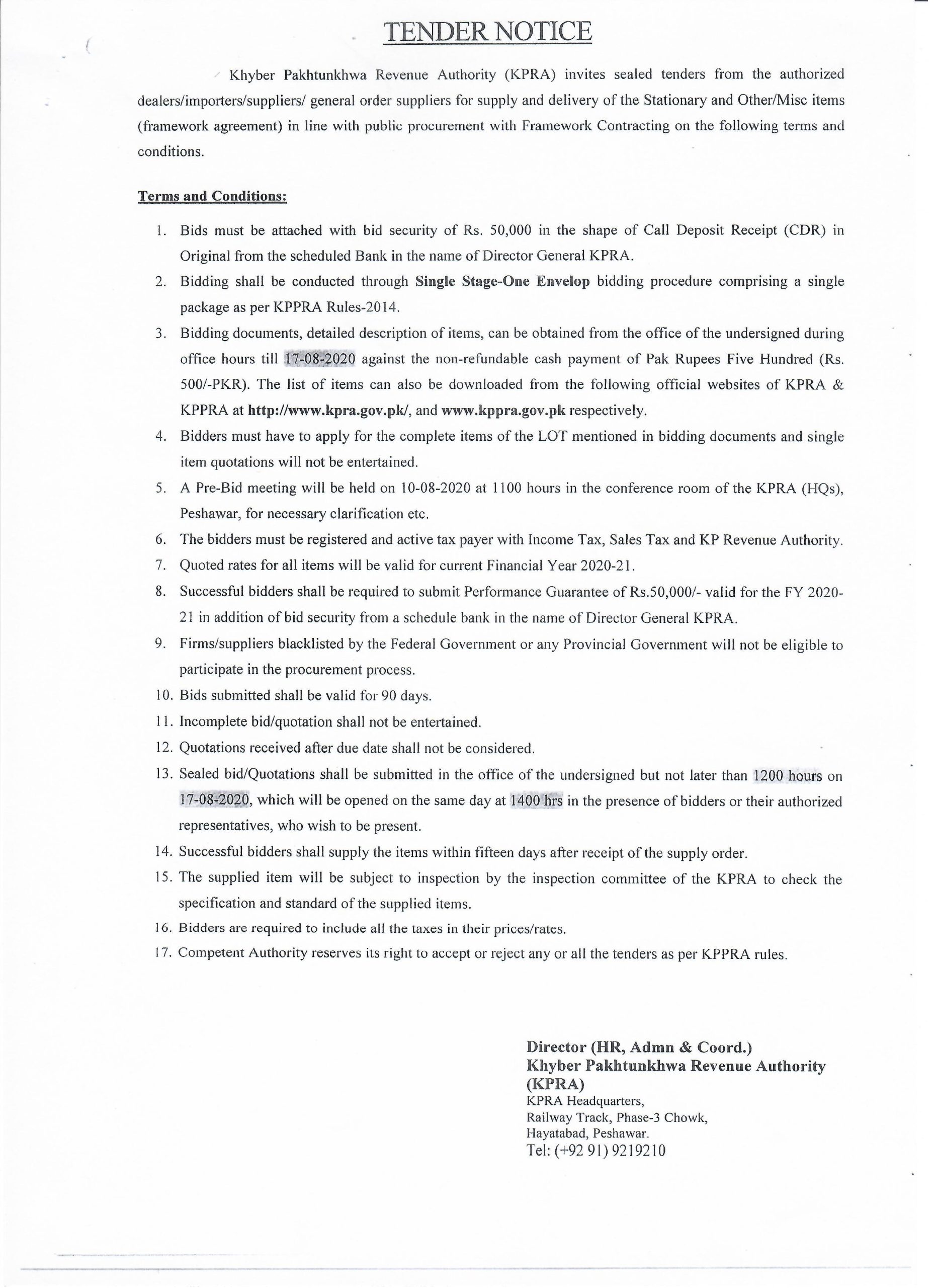 Tender Notice: Invitation of Bids for the Purchase of Stationery ...