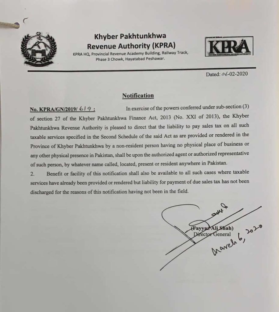 Notification – Khyber Pakhtunkhwa Revenue Authority