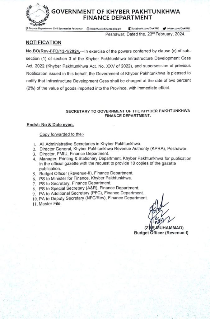 Notification of KP Infrastructure Development Cess Rate @ 2% – Khyber ...