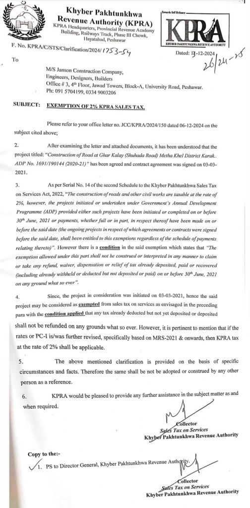Clarification to Jonson Construction Company, Peshawar Regarding ...